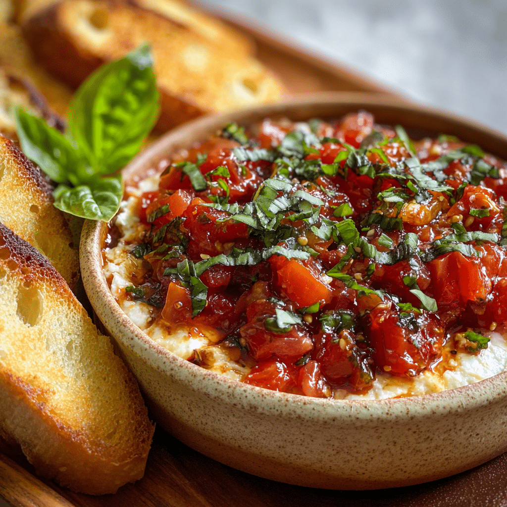 Savory Baked Bruschetta Dip with Fresh Basil and Garlic