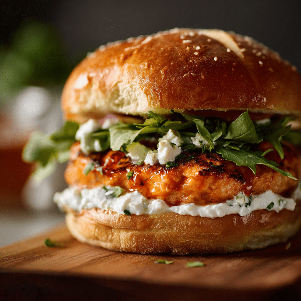 Buffalo Chicken Burgers with Whipped Feta Spread