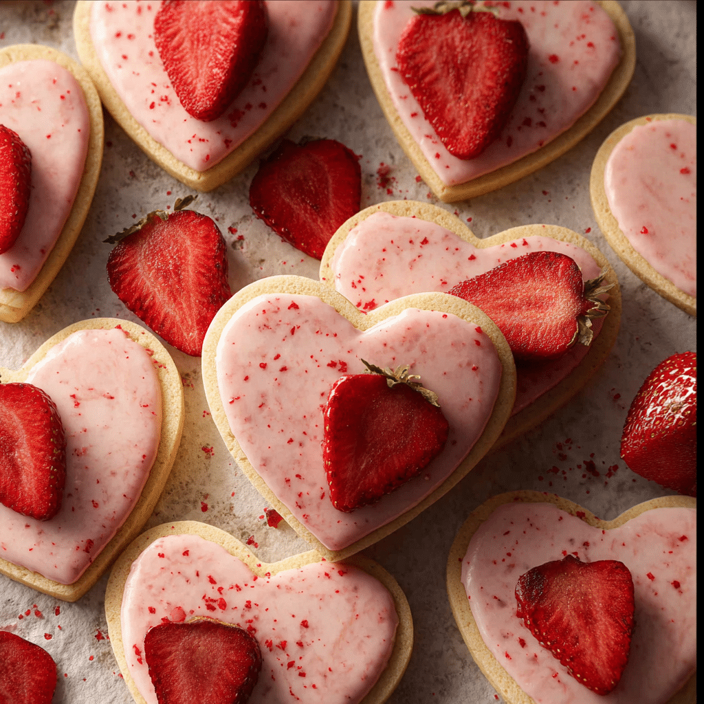 Heart-Shaped Strawberry Shortbread Cookies
